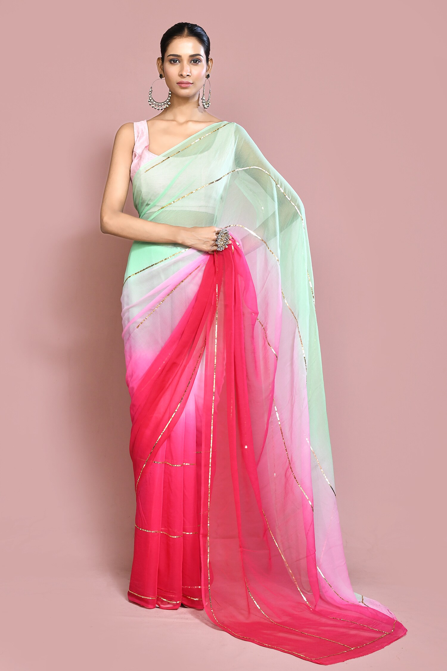 Buy Pink Saree Chiffon Running Blouse Piece Ray Embellished Ombre With ...