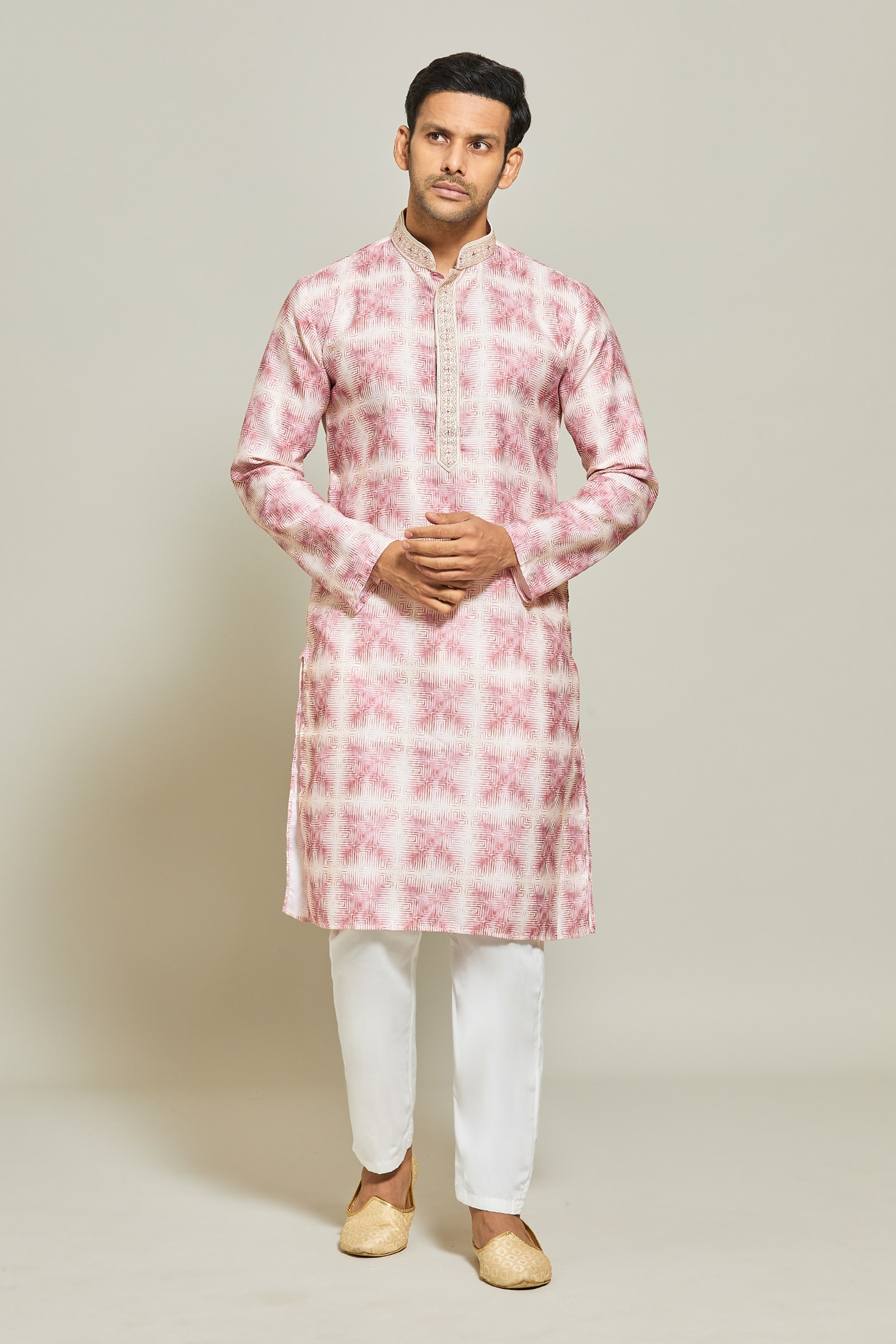 Buy Pink Kurta Aligadhi Pant Art Silk Helix Maze Set For Men by Arihant ...