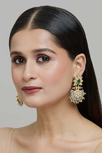 Buy Gold Plated Jadau Flower Carved Dangler Earrings By Nayaab By buy-gold-plated-jadau-flower-carved-dangler-earrings-by-nayaab-by