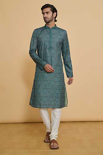 Buy Blue Poly Blend Paisley Pattern Kurta And Churidar Set For Men by ...