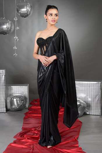 Buy Black Corset Tulle Embellished Elysian Cutdana Border Saree With ...