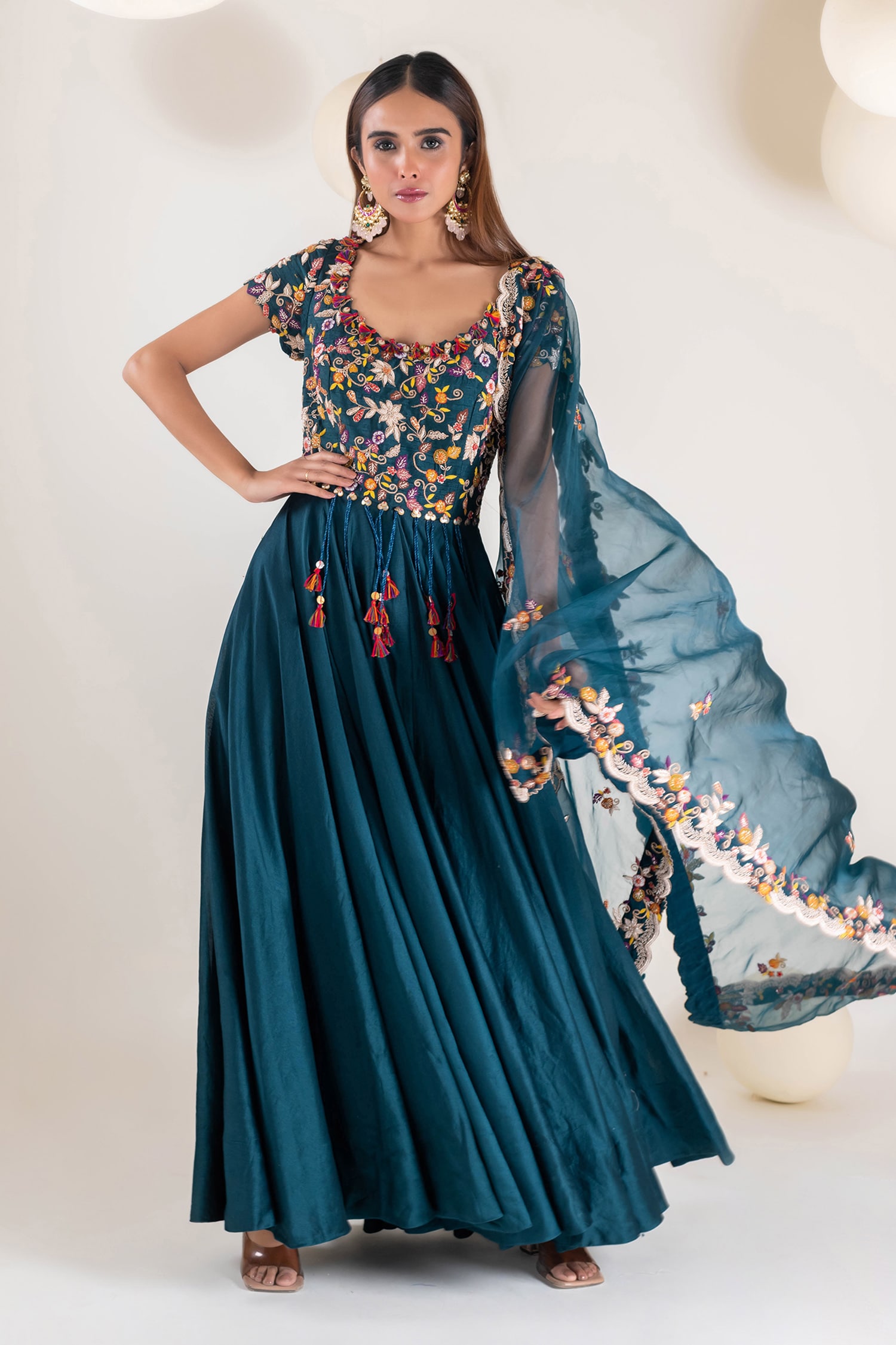 Buy Blue Organza Embroidery Resham Suta Bahar Anarkali With Dupatta For ...