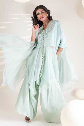 Buy Blue Organza Embroidery Arya Quad Sequin Bloom Kurta With Flared ...