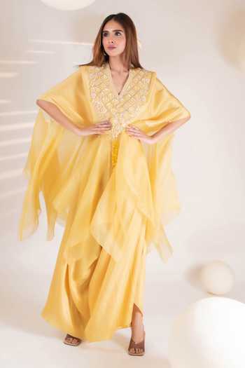 Buy Yellow Organza Embroidery Arya Quad Bloom Kurta With Flared Pant ...