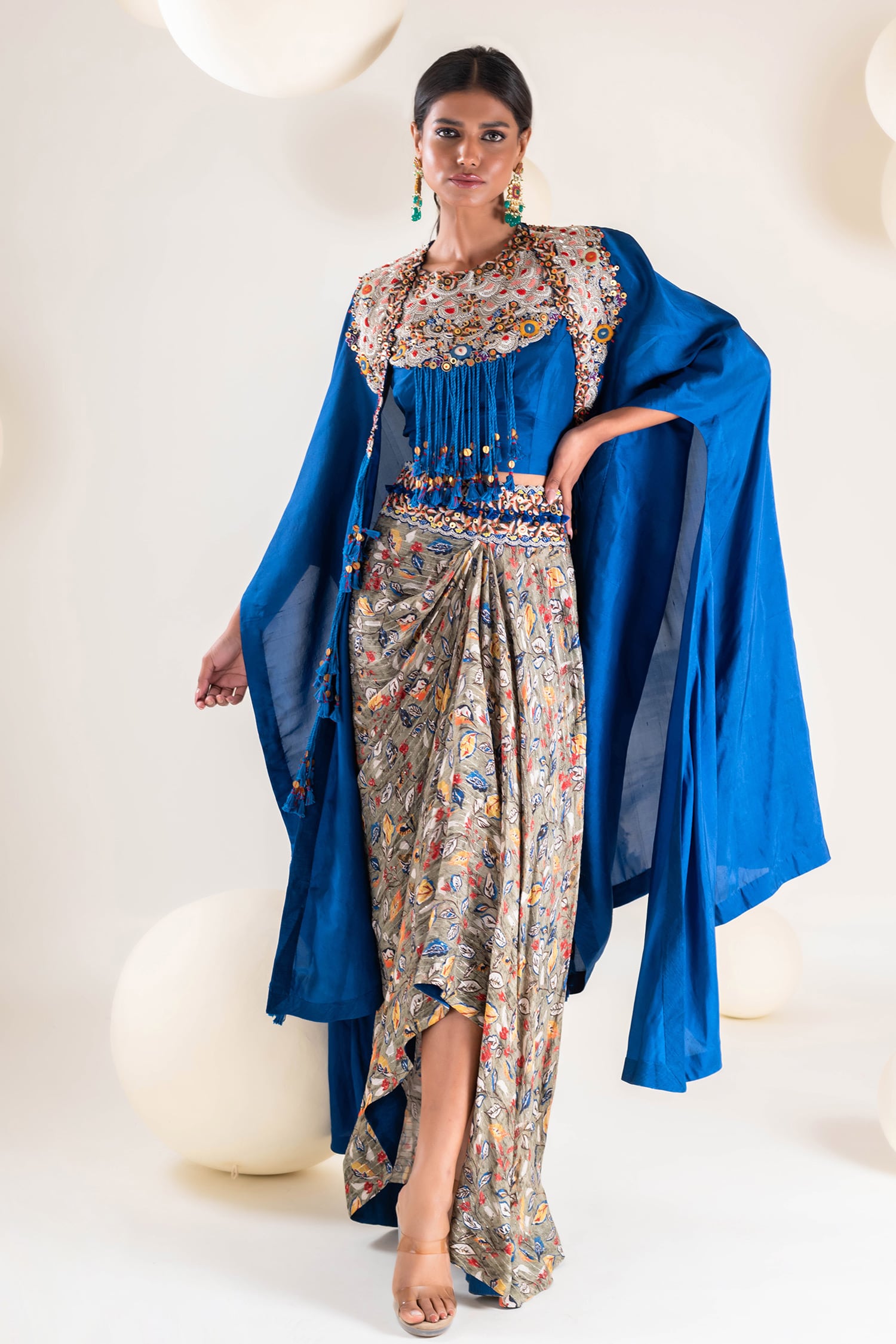 Buy Blue Dupion Embroidery Resham Suta Phool Work Cape Draped Skirt Set ...