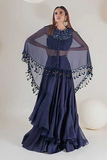 Buy Blue Dupion Placement Embroidery Floral Round Neck Yoke Cape Skirt ...