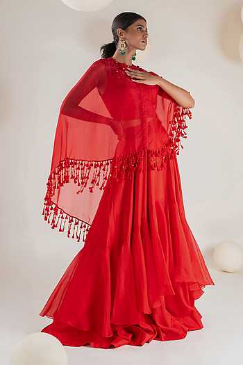 Buy Red Organza Placement Embroidery Floral Tonal Yoke Cape Skirt Set ...