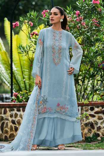 Buy Blue Kurta Organza Embroidered Floral Round Straight Pant Set For ...
