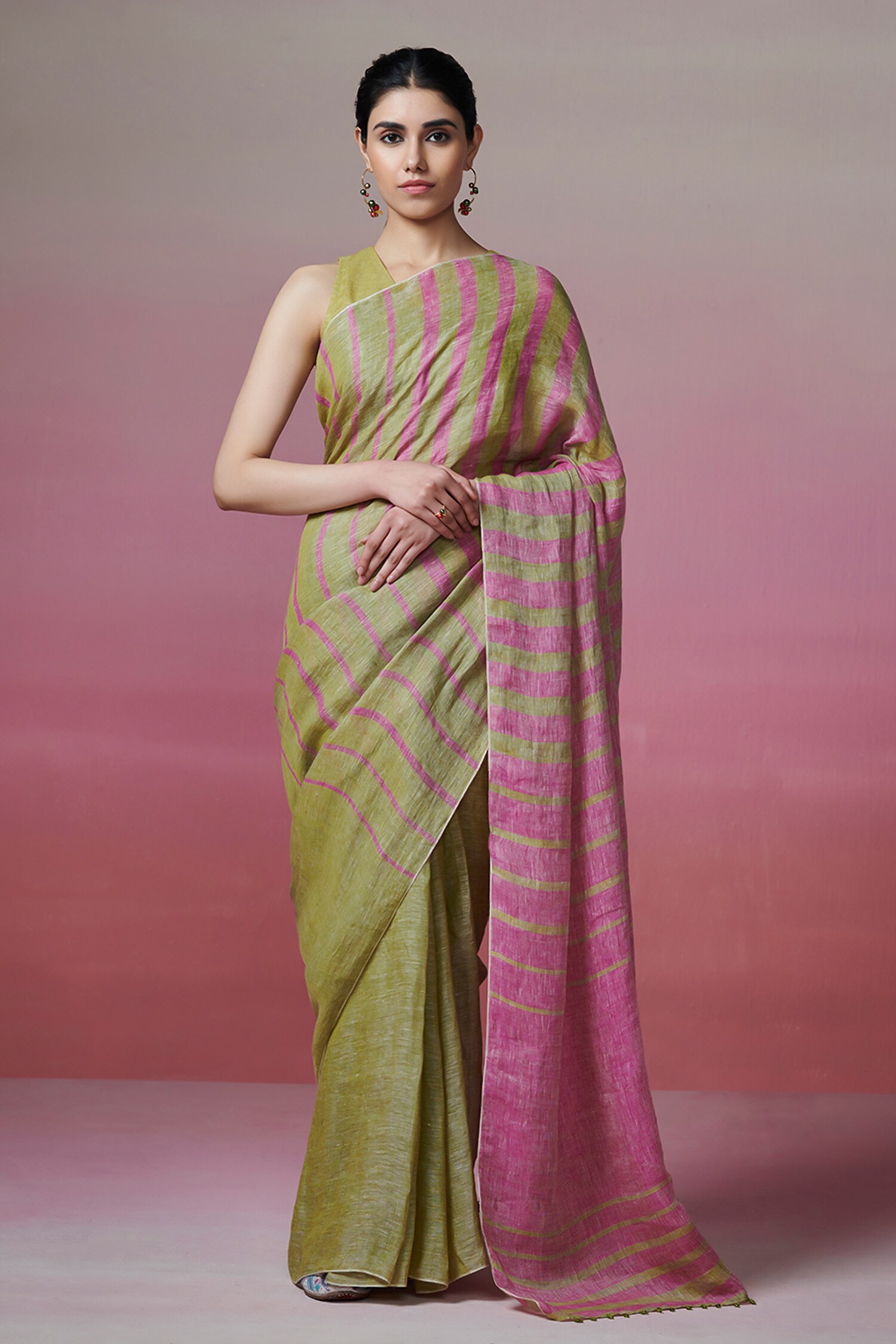 Buy Green Handloom Linen Stripes Two Tone Saree For Women by Dressfolk ...