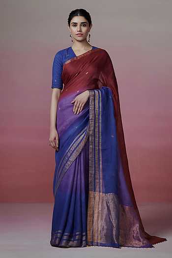 Buy Maroon Handloom Linen Butti Triple Shaded Saree For Women by ...