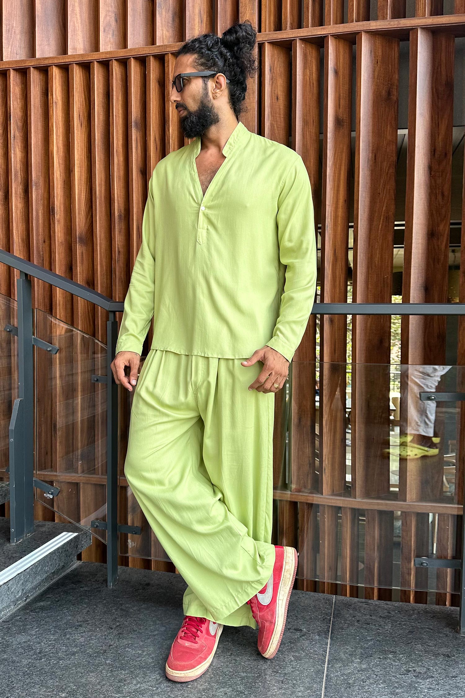 Buy Green Rayon Plain Full Sleeve Shirt With Pant For Men by ALIAUM ...