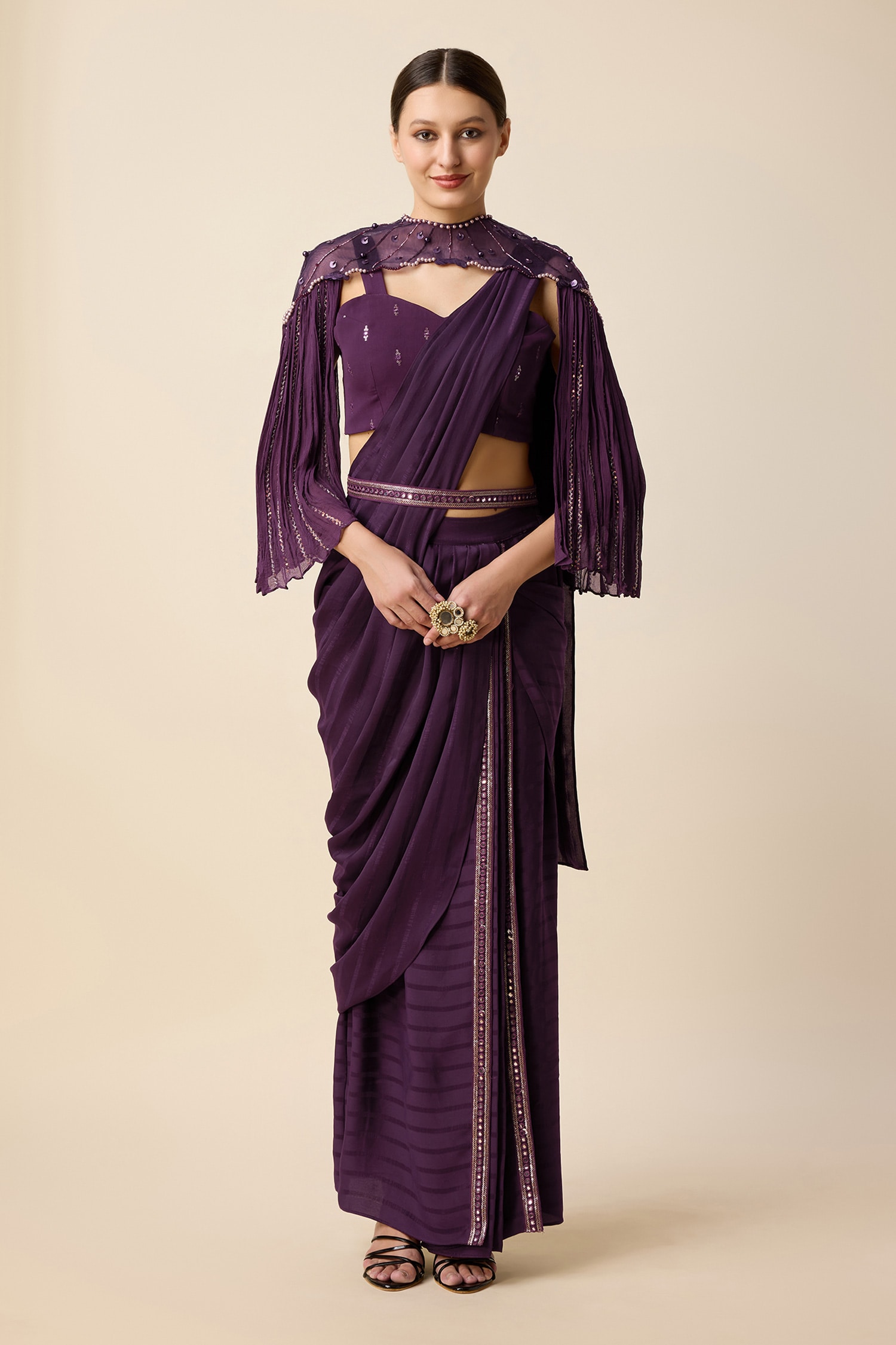 Buy Wine Silk Embroidery Sequin Pleated Pre-draped Saree Set With Cape ...