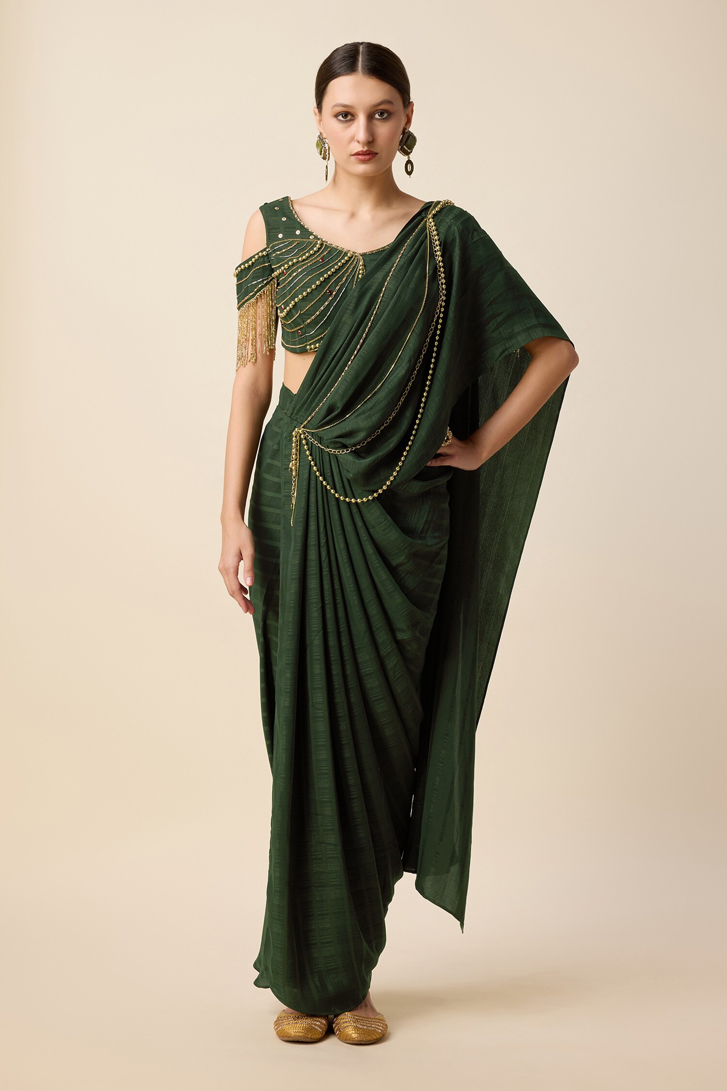 Buy Green Silk Embellished Chain Leaf Neck Pre-draped Saree With Blouse ...