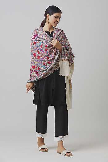 Buy Grey Sozni Flower Embroidered Jamawar Pashmina Shawl by Toosh ...
