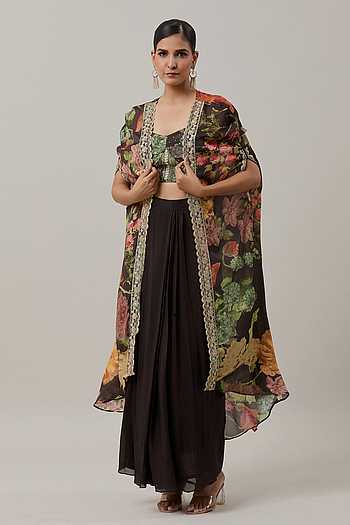 Buy Black Chinon Print Floral Cape Open Neck Skirt Set For Women by ...
