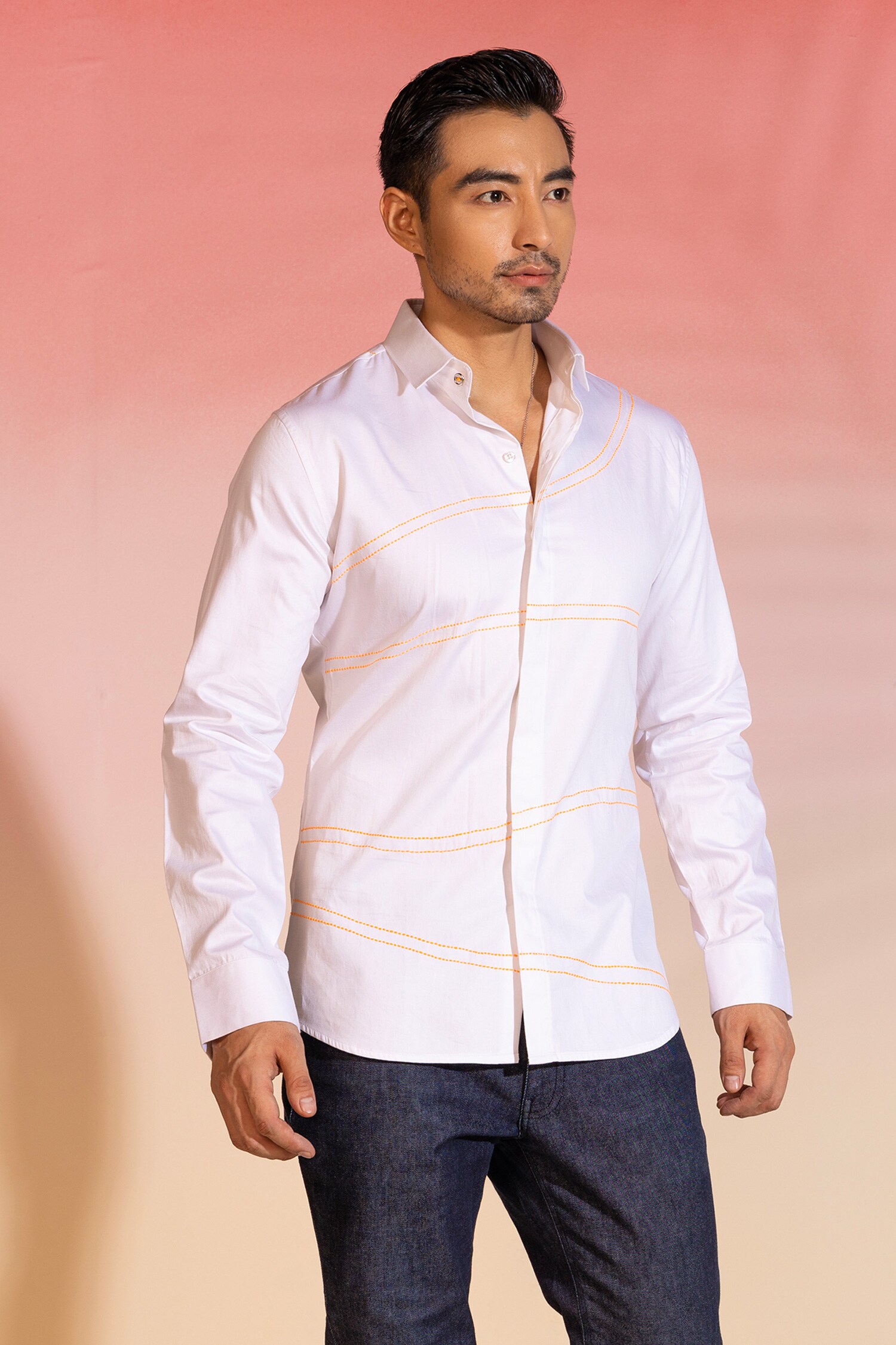 Buy White Cotton Sateen Embroidery Thread Wave Shirt For Men by Seven ...