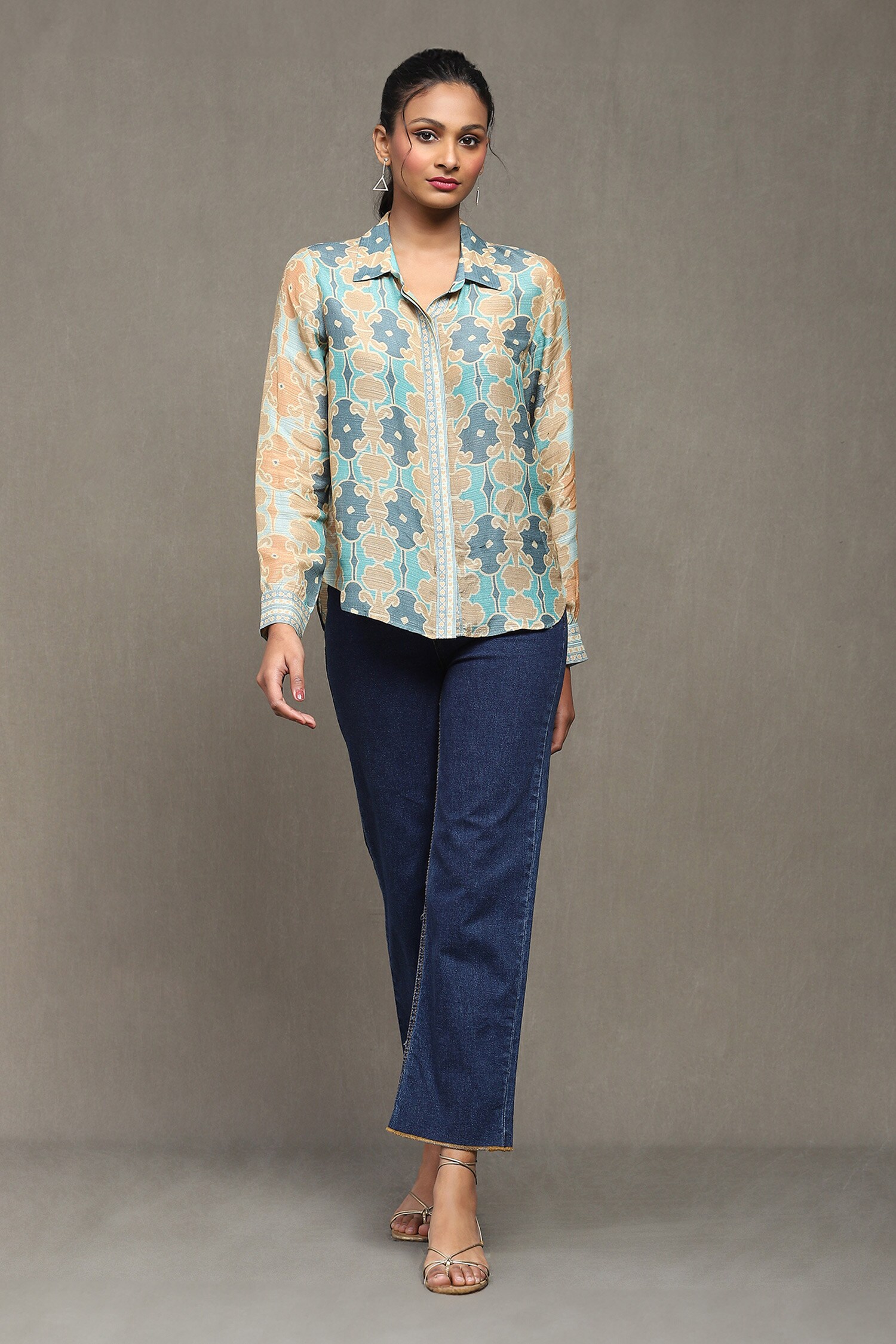 Buy Blue Cotton Silk Printed Aztec Collar Fresco Shirt For Women by ...