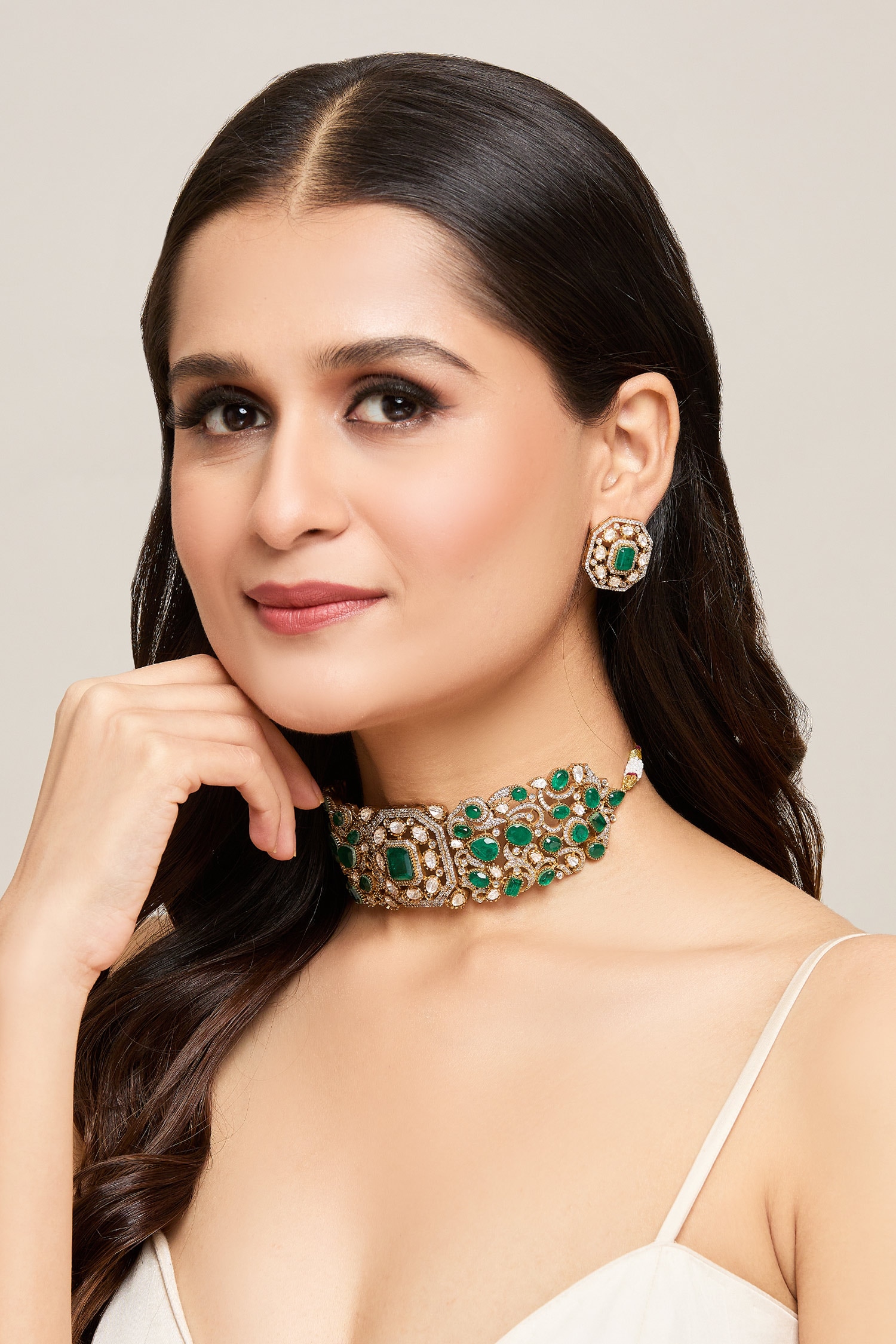 Buy Gold Plated Emerald Stone Embellished Choker Set by Moh-Maya by Disha Khatri Online at Aza ...
