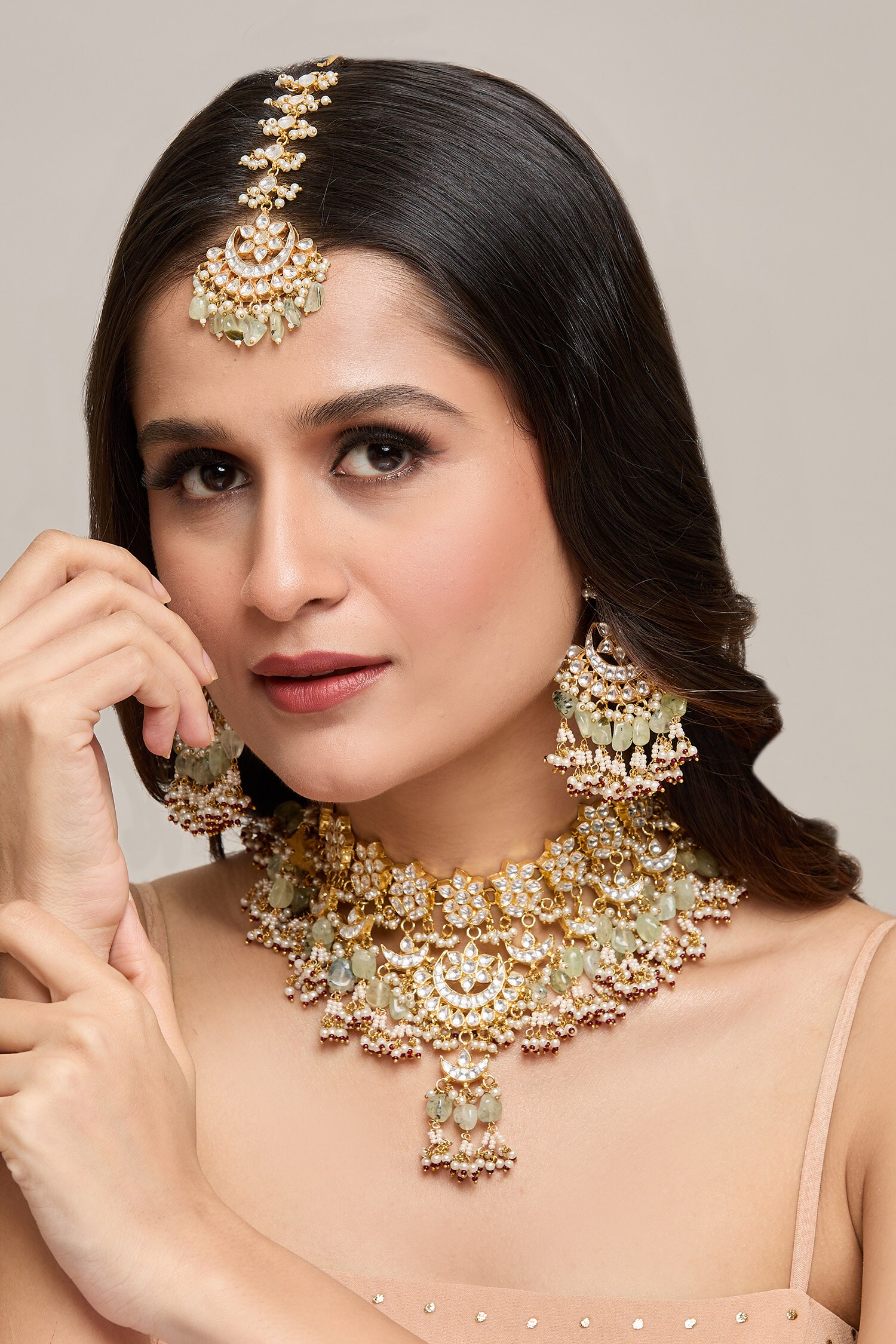 Buy Green Stone Chaand And Floral Embellished Choker Set by Moh-Maya by Disha Khatri Online at ...