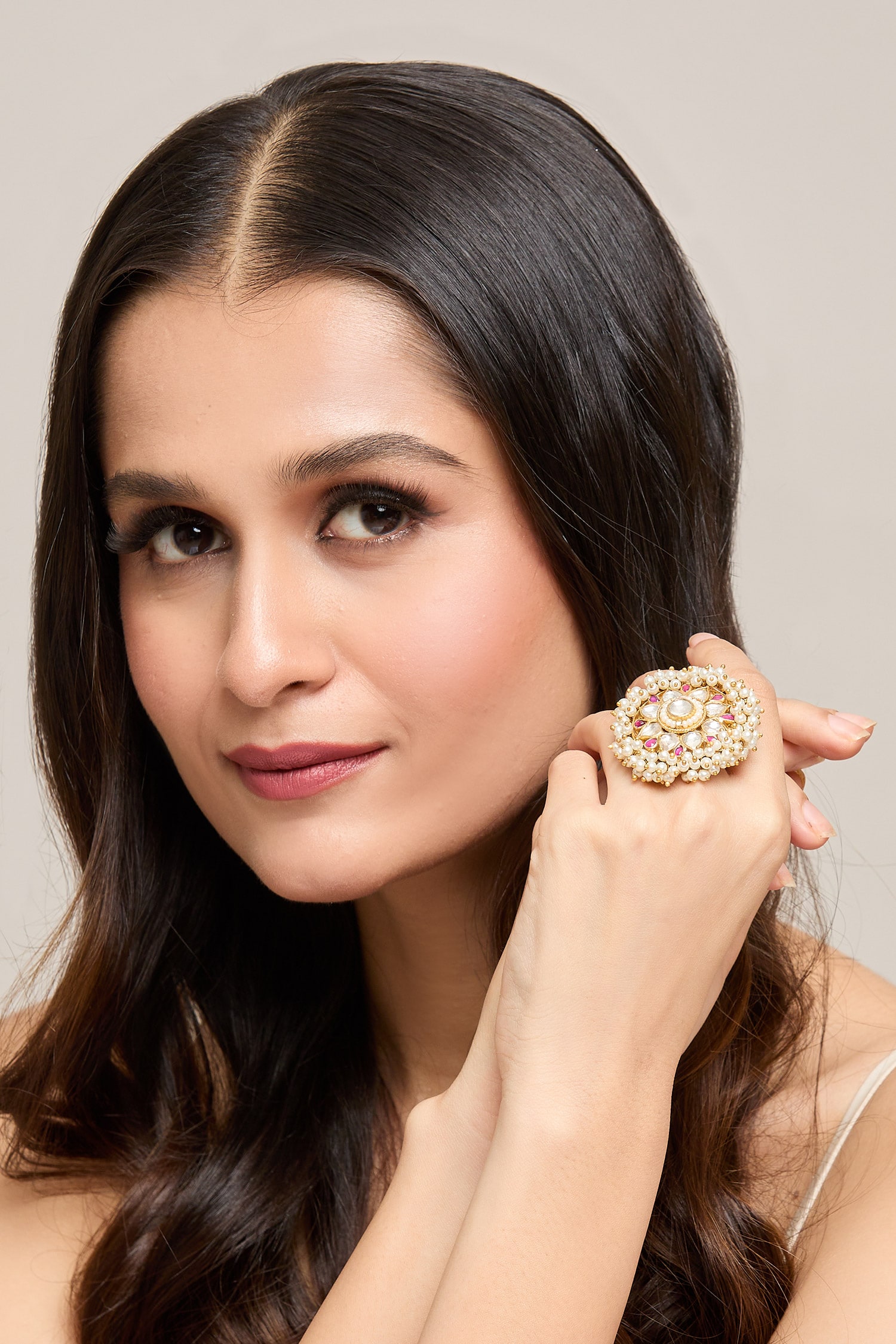 Buy Red Ruby Stone Pearl And Kundan Embellished Ring by Moh-Maya by ...