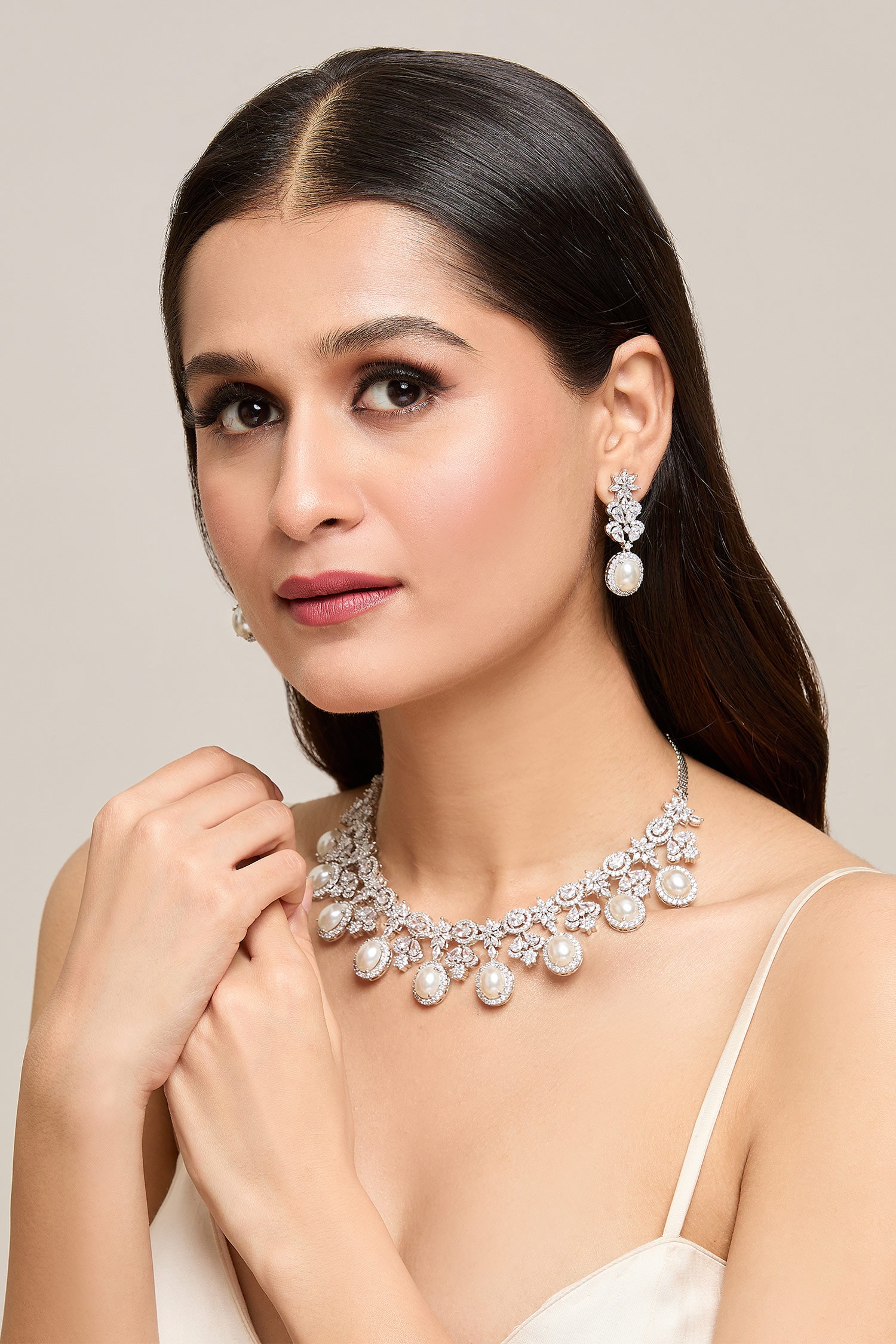 Buy Silver Plated Stone Pearl Embellished Choker Set by Moh-Maya by Disha Khatri Online at Aza ...