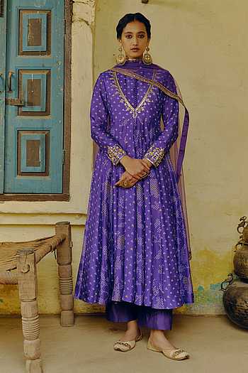 Buy Purple Dupion Silk Print Bandhani Aari Bandhej Motif Anarkali Set ...
