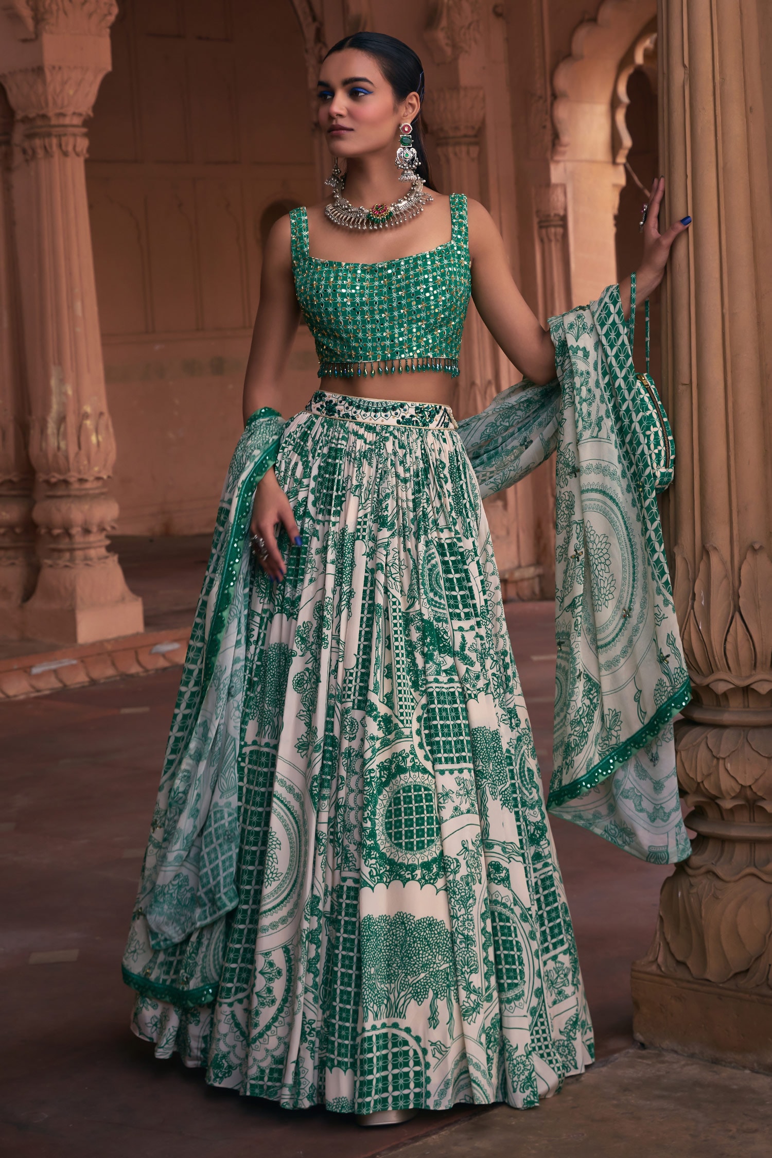 Buy Green Crepe Printed Floral Square Neck Thikri Lehenga Set For Women ...