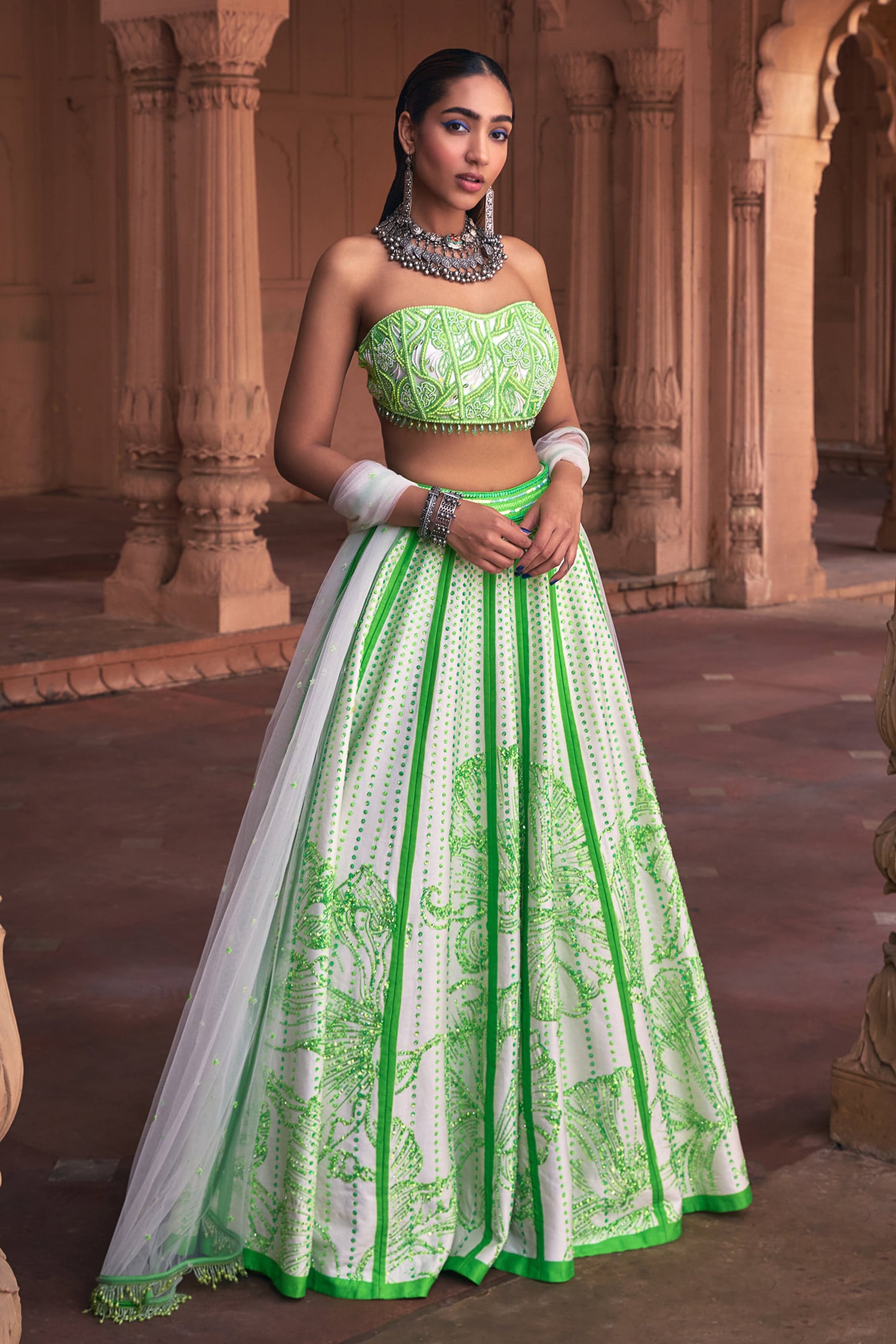 Buy Green Tulle Embroidery Cutdana Sweetheart Jasmine Sequin Lehenga