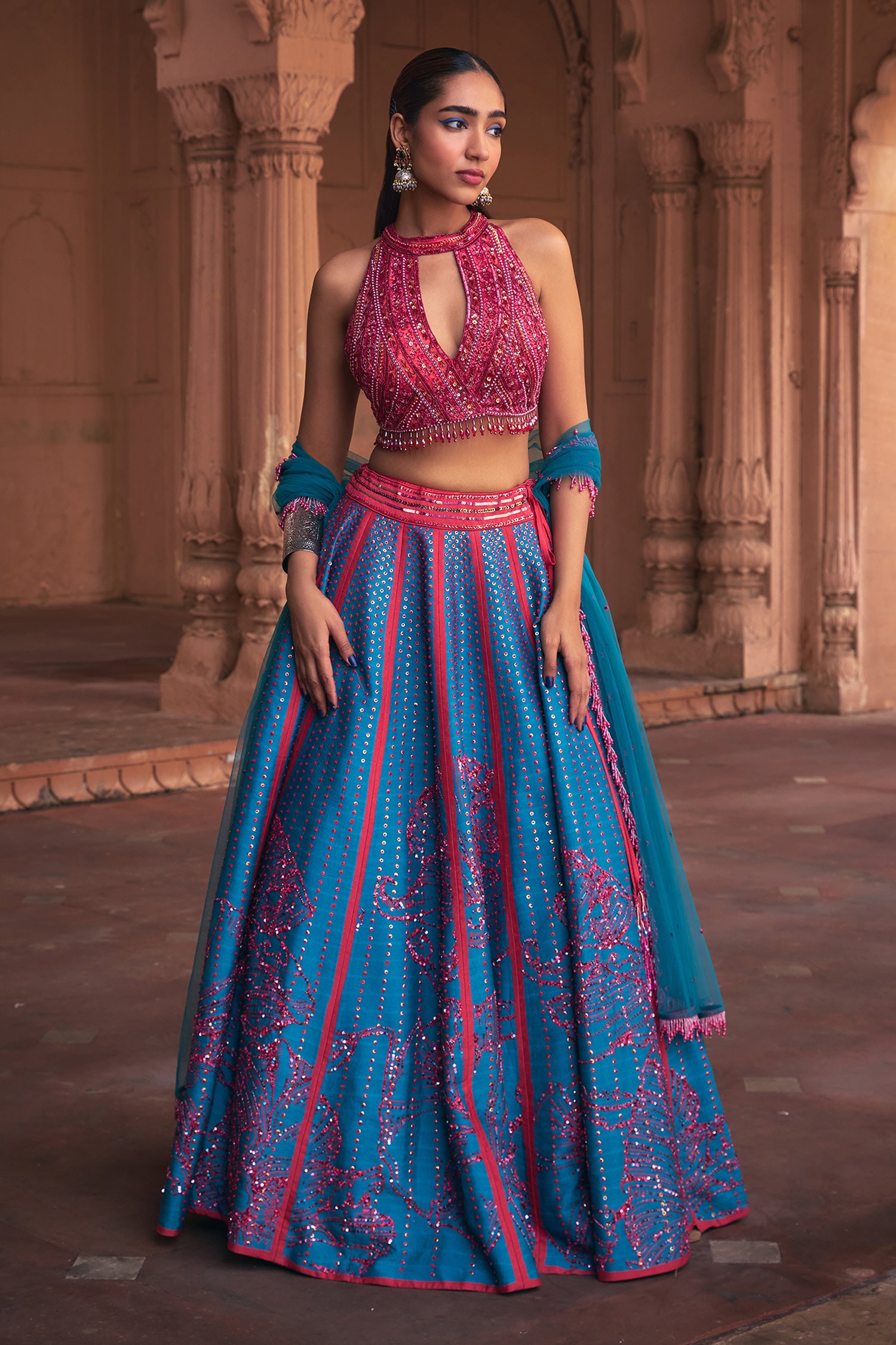 Buy Blue Tulle Embroidery Cutdana Halter Orchid Fleur Sequin Lehenga ...