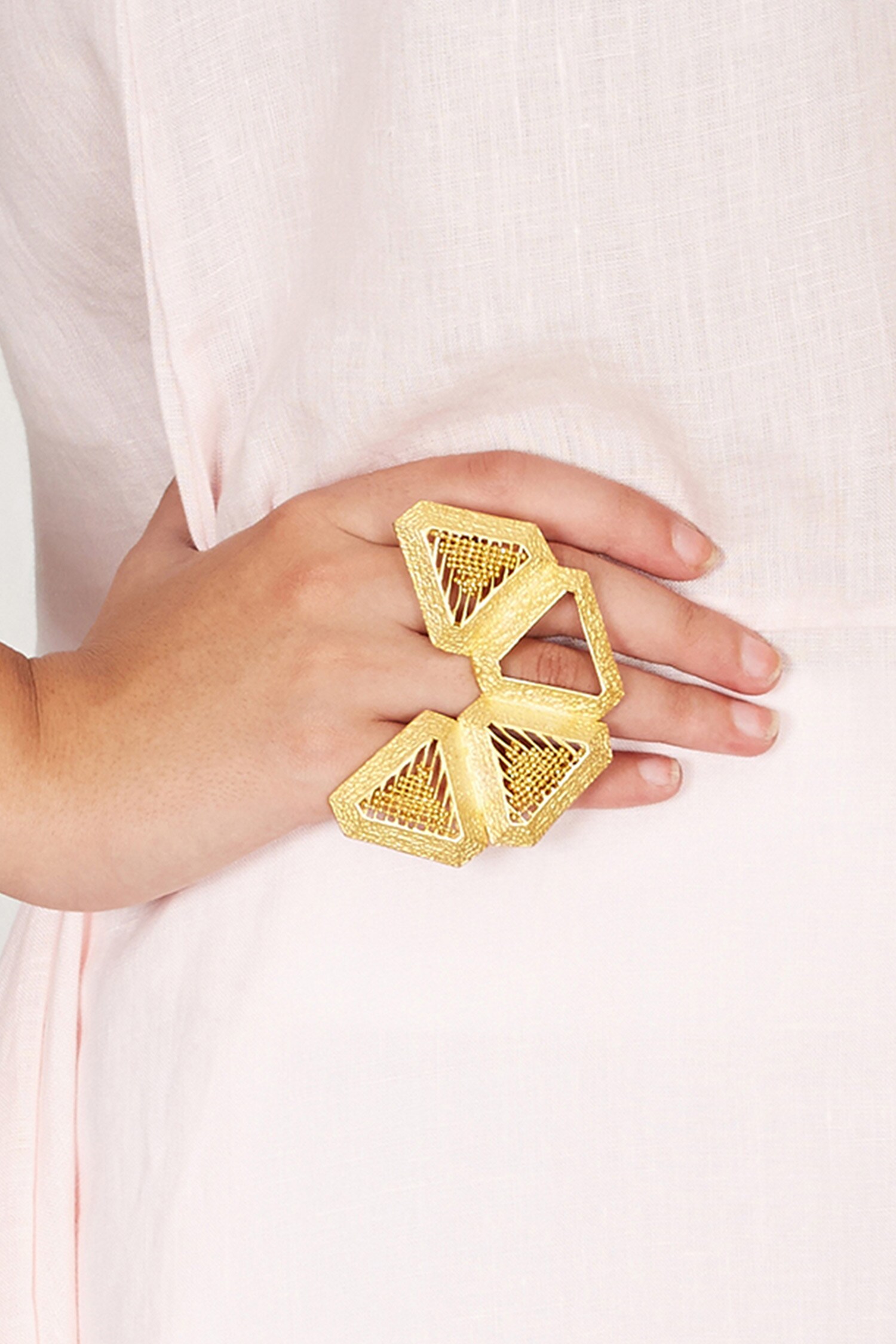 Buy Gold Plated Bead Triangle Carved Ring by ITRANA Online at Aza Fashions.