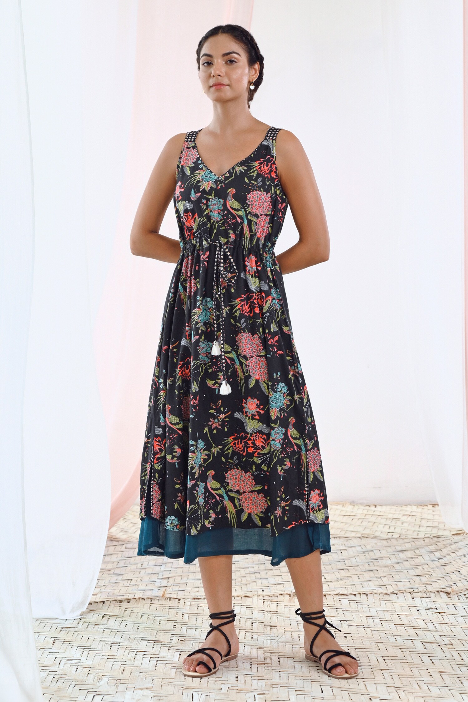 Buy Black Cotton Printed Floral V Neck Pattern Slip Dress For Women by ...