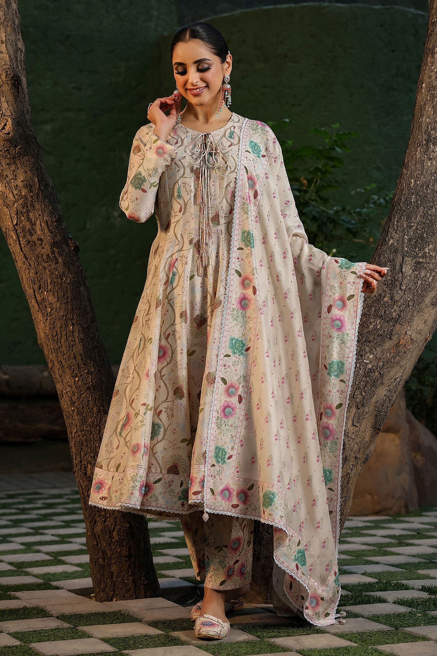 Buy Ivory Silk Chanderi Print Floral Round Neck Anarkali Set For Women ...