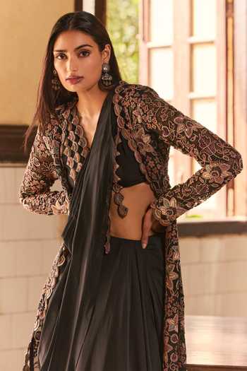 Buy Black Organza Embellished Pearl Draped Pant Saree Set With Cape For ...