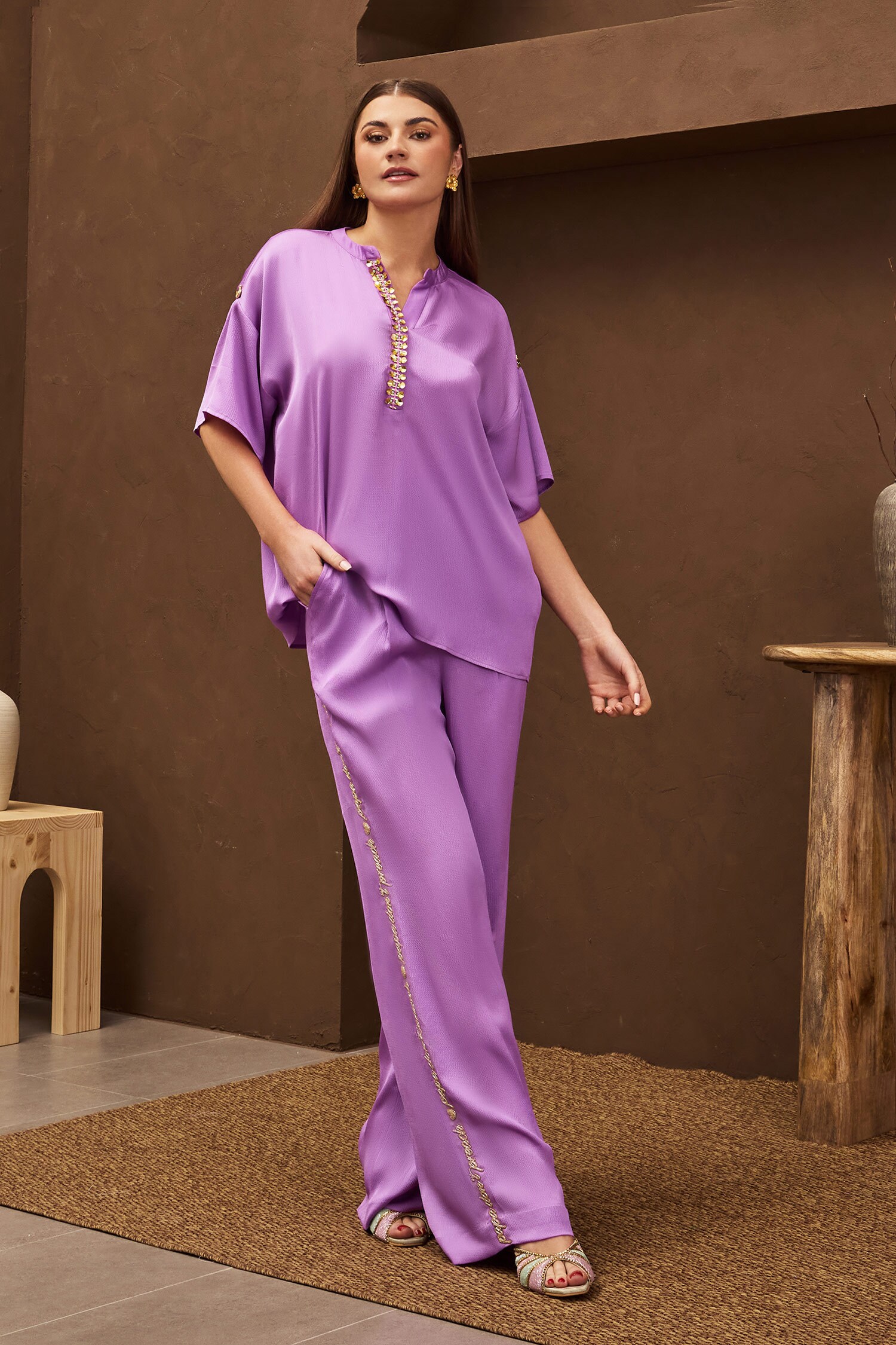 Buy Purple Satin Embroidery Veil Placket Top And Wide Legged Pant Set ...