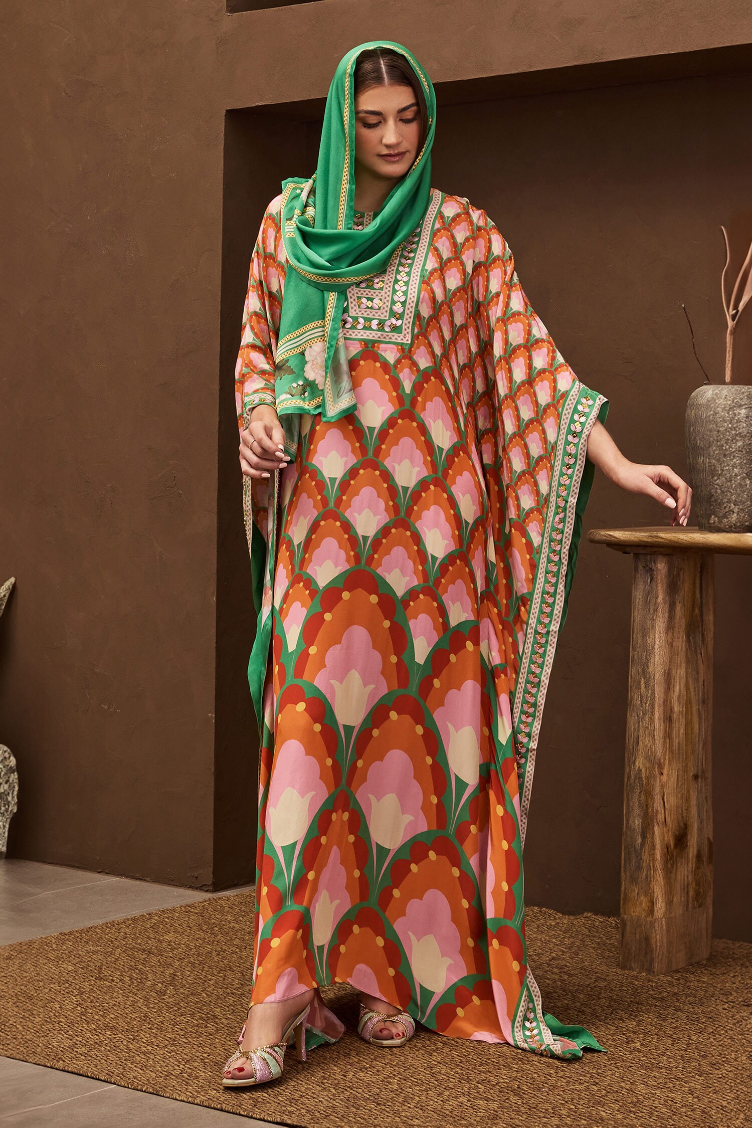 Buy Orange Crepe Print Bahar Safari Round Neck Maxi Kaftan For Women by ...