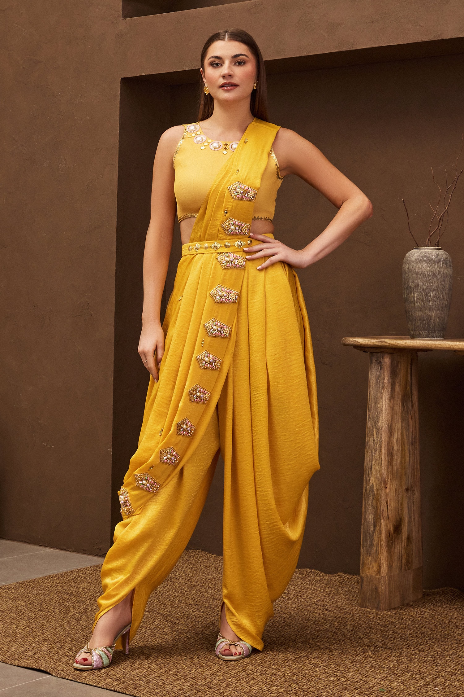 Buy Yellow Satin Placement Sunflower Sangria Pre-stitched Dhoti Saree ...
