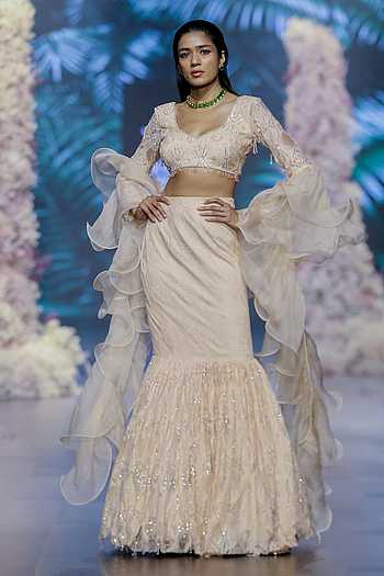 Buy Peach Organza Plain Ruffle Dupatta For Women by Nirmooha Online at ...