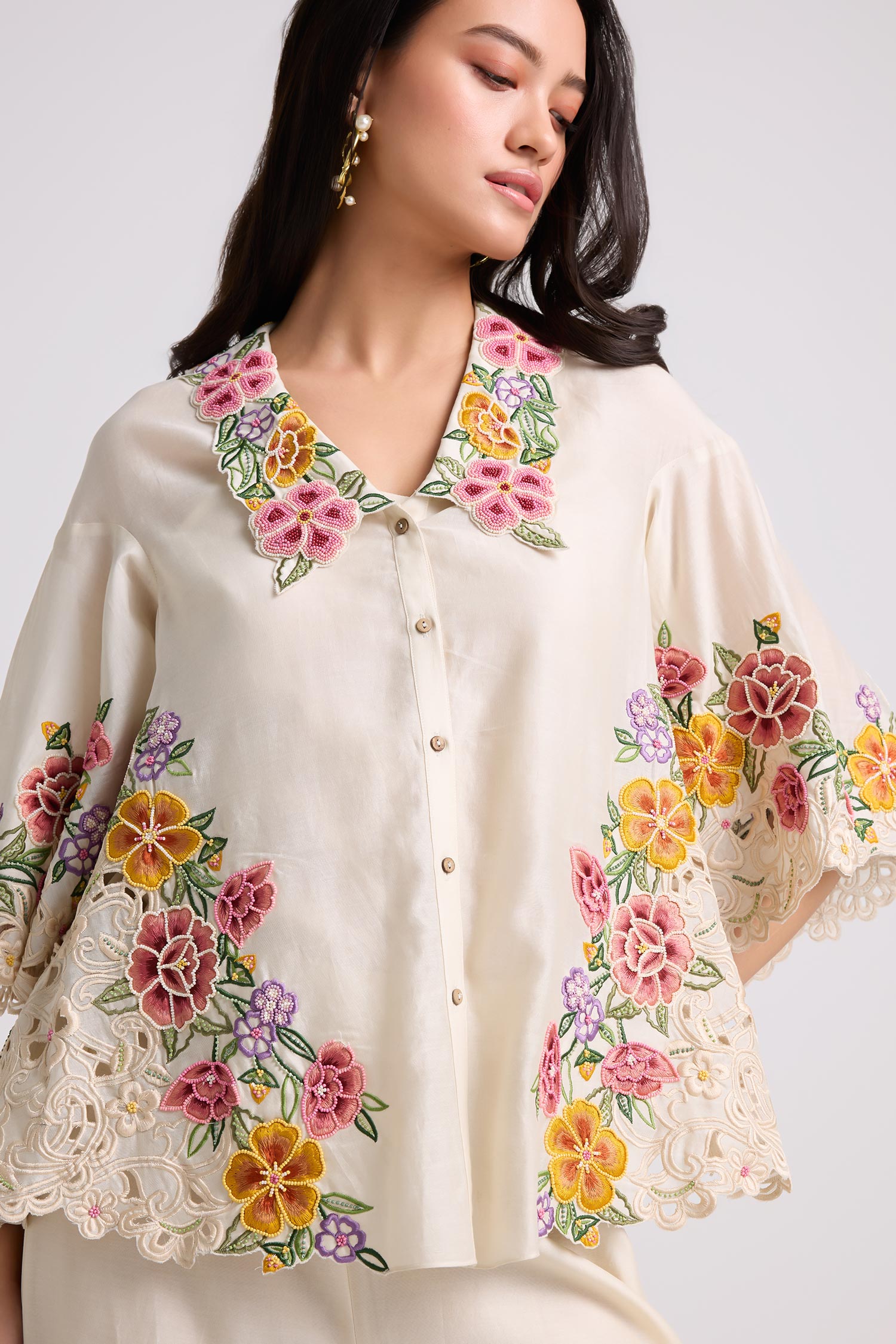 Buy Ivory Chanderi Embroidery Floral Collared Neck Shirt For Women by ...
