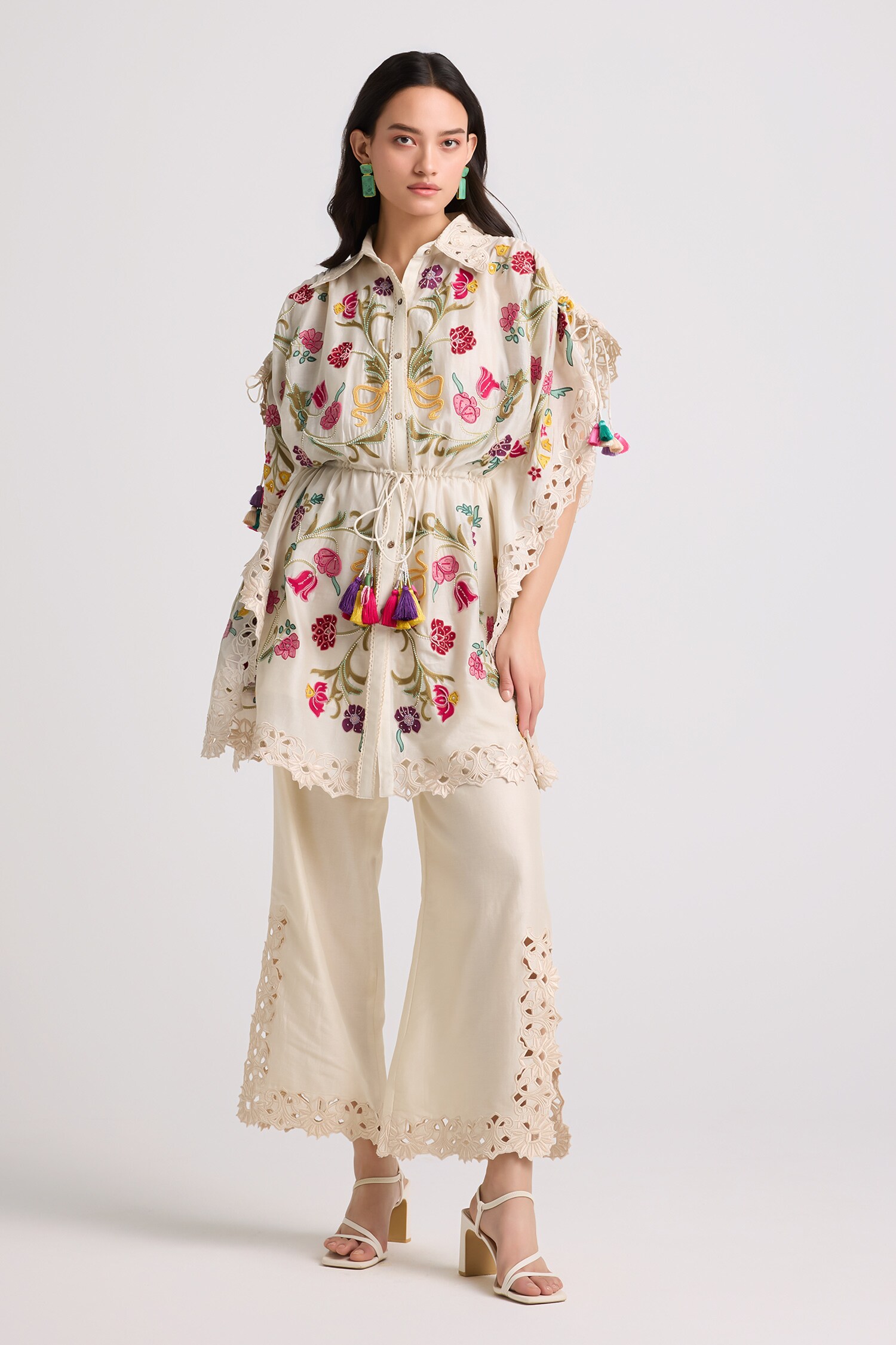 Buy Ivory Chanderi Embroidered Cutwork Side Slit Pant For Women by ...