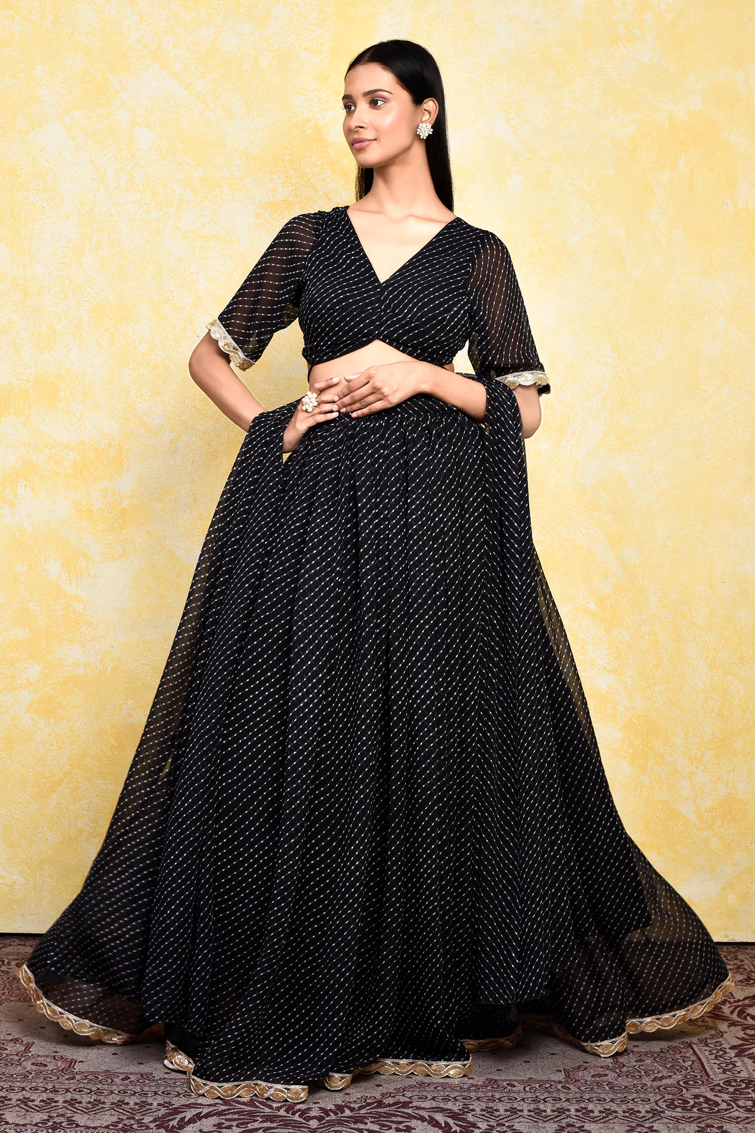 Buy Black Georgette Printed Leheriya V Neck Obsidian Blouse Lehenga Set