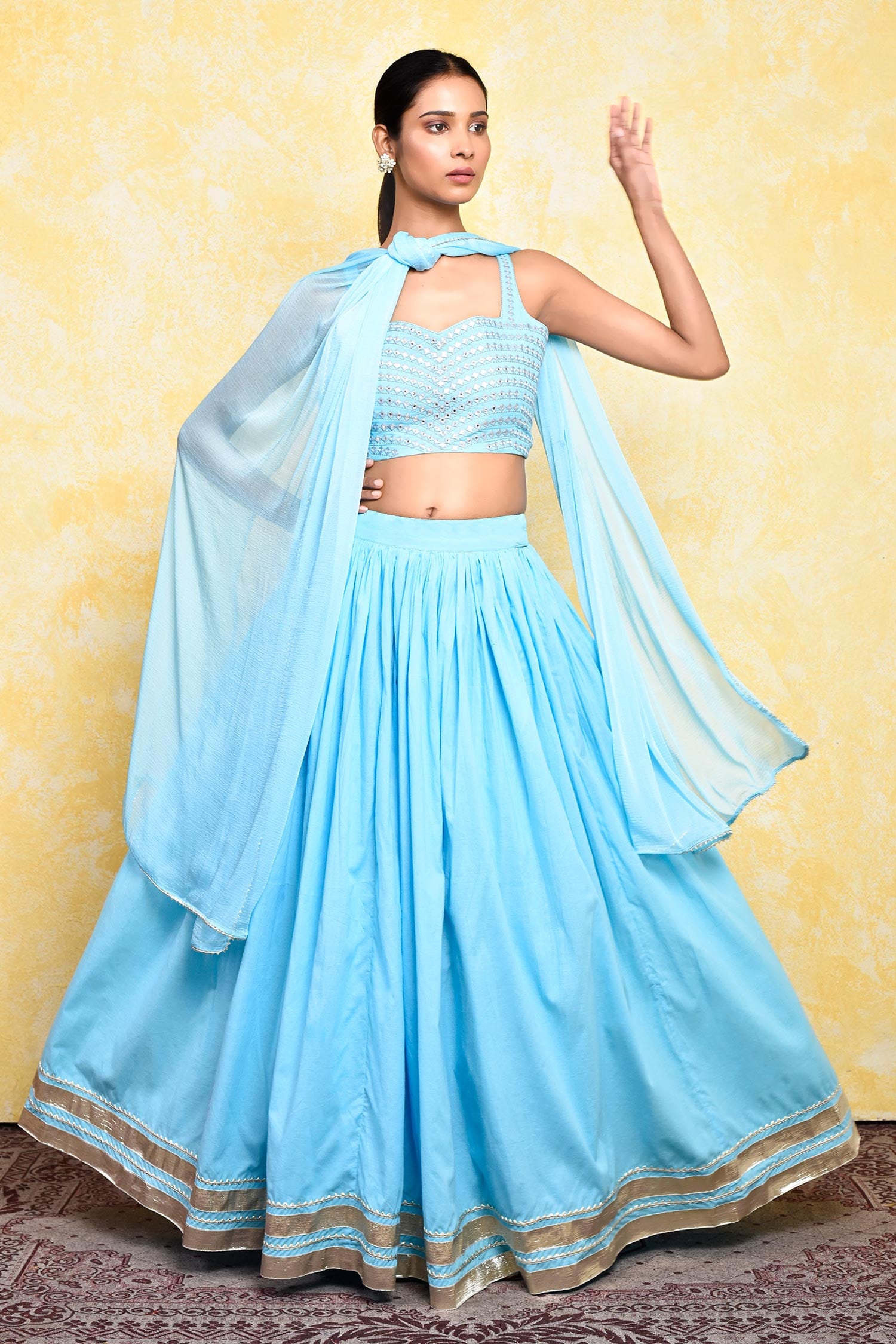 Buy Blue Shell And Lining Cotton Embroidered Tanager Blouse Lehenga Set ...