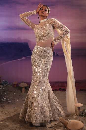 Buy Ivory Net And Organza Hand Fish Cut Skirt With Draped Bodysuit For ...