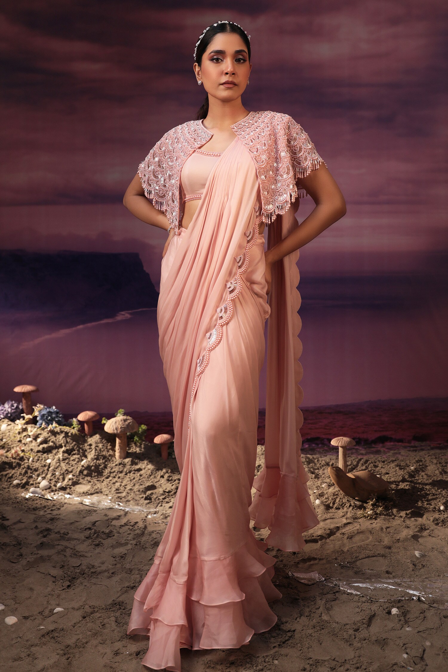 Buy Peach Satin Georgette Scallop Bordered Pre-draped Saree Set With ...