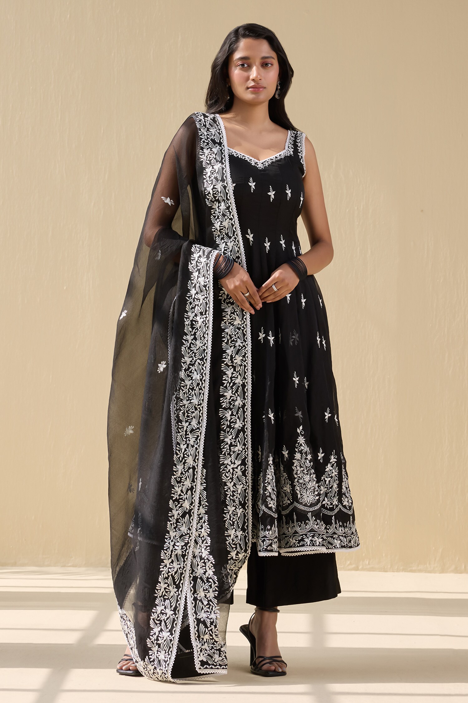 Buy Black Organza Embroidery Thread Midnight Bloom Anarkali Set For Women by Meesa Online at Aza ...