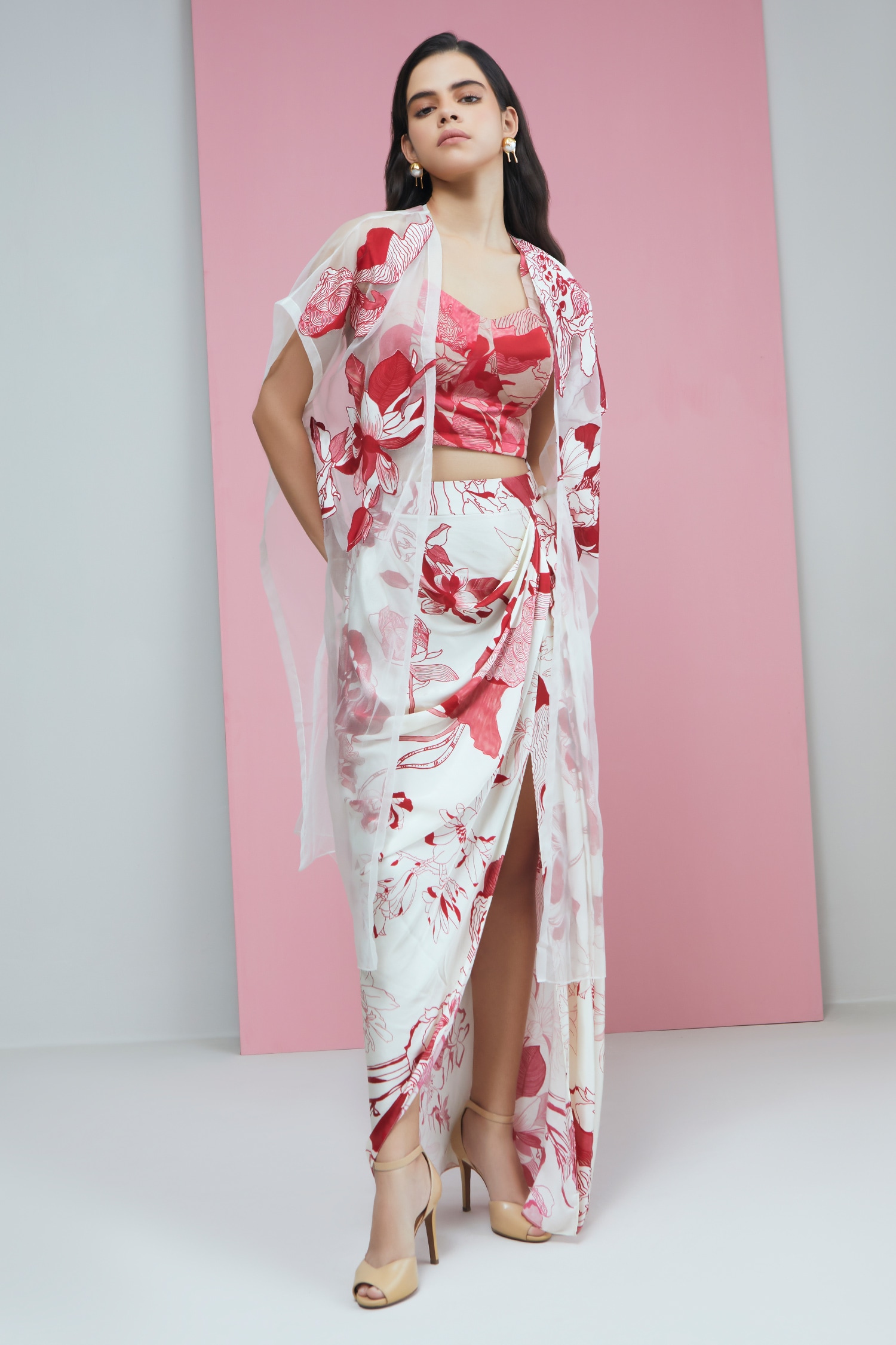 Buy White Cape Organza Print Rafflesia Sweetheart Applique Skirt Set For Women by Studio Radical ...