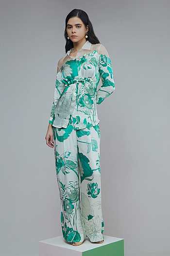 Buy White Silk Satin Print Blossom Collar Neck Shirt With Pant For ...
