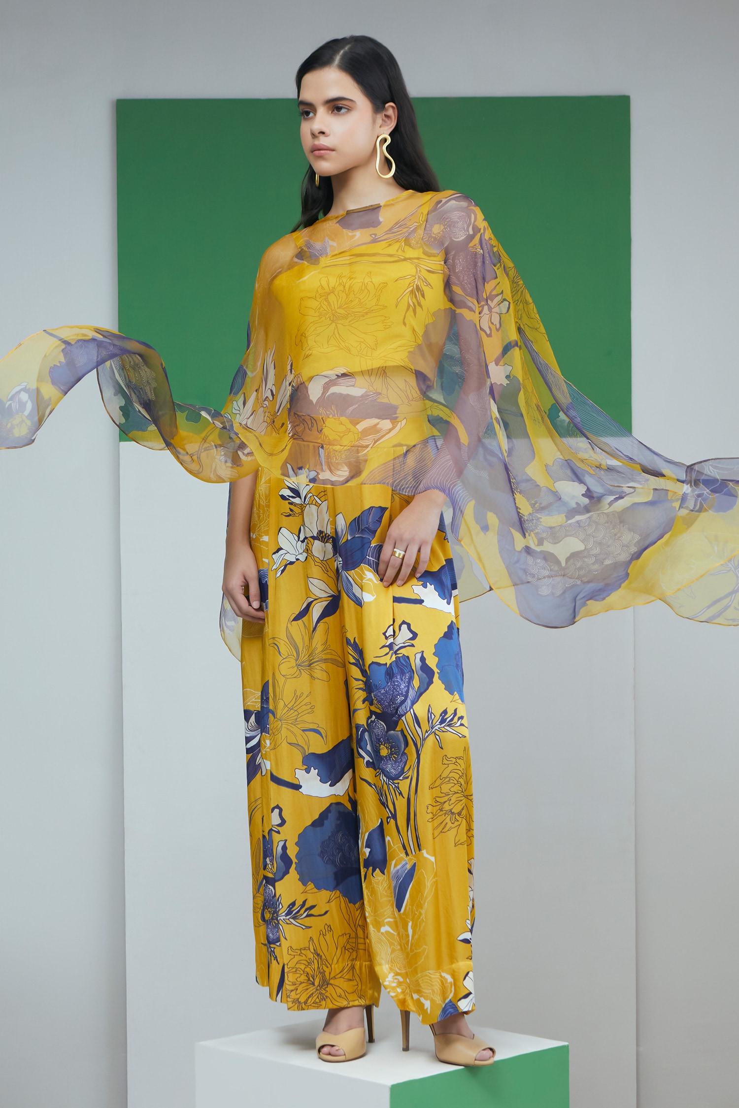 Buy Yellow Cape Organza Print Bloom Garden Boat Neck Flared Pant Set For Women by Studio Radical ...