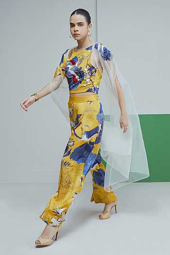 Buy Yellow Cape Organza Print Botanic Bloom Halter Applique Pant Set ...