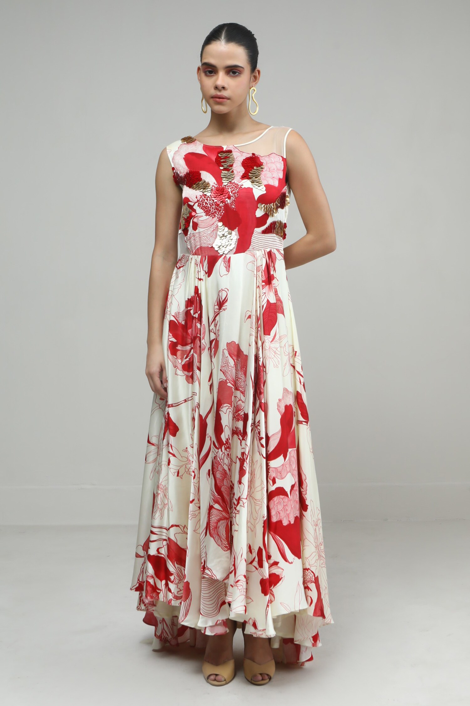 Buy Red Silk Satin Print Florin Round Neck Embellished Maxi Dress For ...