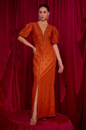 Buy Orange Silk Embroidered Floral Plunged V Mawya Tonal Dress For ...